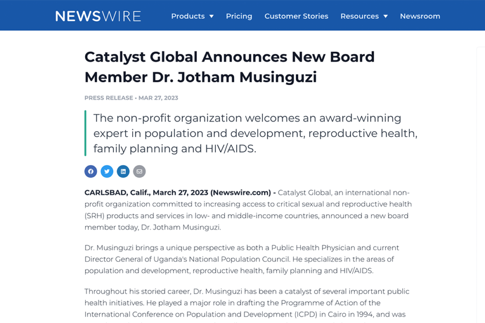 Catalyst Global Announces New Board Member Dr. Jotham Musinguzi - Catalyst Global